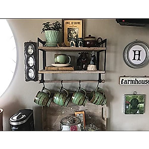 Spiretro Floating Shelves 2 Tier Wall Shelf, Spice Rack with Towel Tissue Bar, Metal Hooks Organize Mugs Utensils, Home Storage for Kitchen, Bathroom, Rustic Wood_Grey