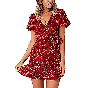 Women's Summer Short Sleeve Wrap Dress Polka Dot Floral Print V Neck Waisted Layer Ruffle Hem Mini Dresses (Red, Medium)