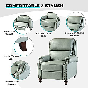 HULALA HOME Genuine Leather Recliner Chair, Classic and Traditional Push Back Recliner Chair for Living Room, Adjustable Leather Cigar Chair Recliner Vintage Sofa with Nail Head Trim,SAGE