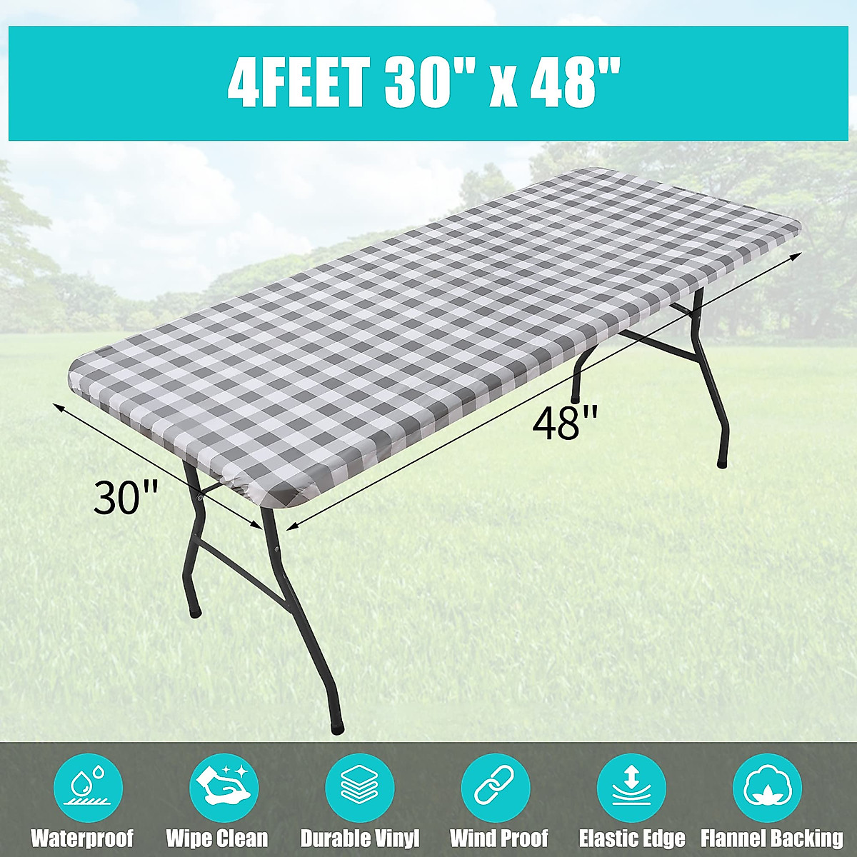 smiry Rectangle Table Cloth Cover, Elastic Waterproof Fitted Vinyl Table Covers for 4 FT Tables, Flannel Backed Buffalo Plaid Tablecloth for Picnic, Camping, Outdoor (White and Grey, 30 x 48 Inches)