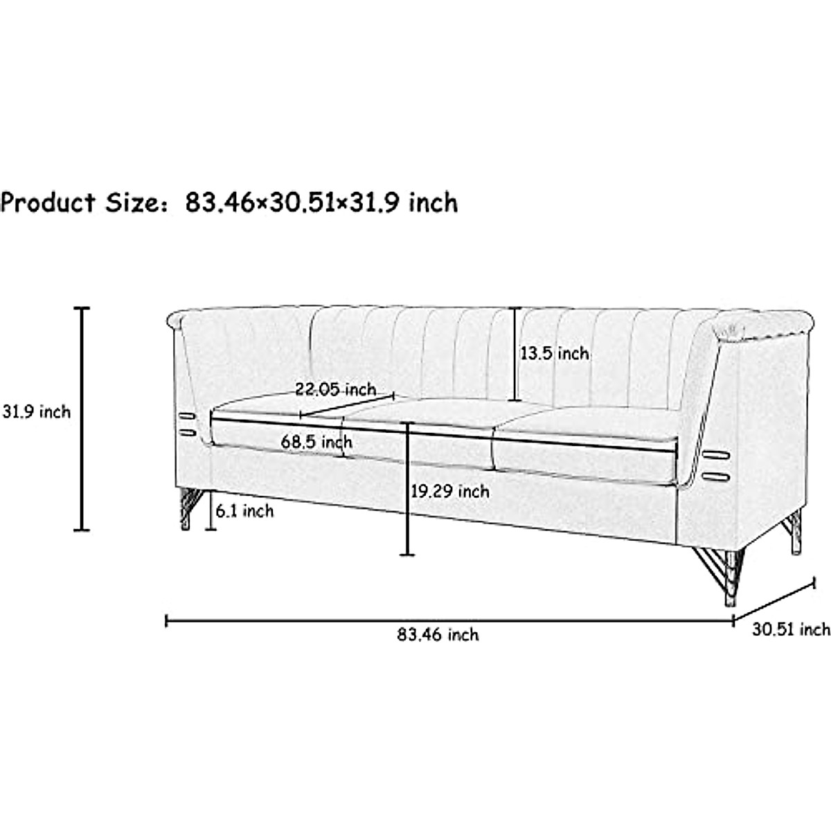 FHDLDS 83 Inch Black Modern Chesterfield Sofa, Contemporary Velvet Sofa Couch with Removable Cushions and Stainless Steel Base, Upholstered Futon Sofas for Living Room