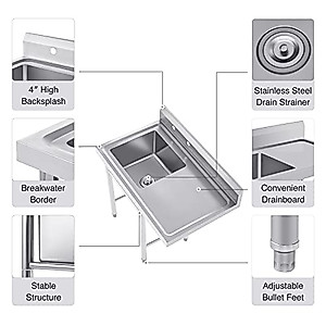 WILPREP Commercial Stainless Steel Utility Sink, Single Compartment Kitchen Sink with Storage Sink Strainer and Splash Guard, Portable Sink with Work Table & Adjustable Feet, 39" W x 24" D
