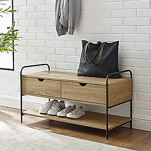 Walker Edison Brookline Urban Metal and Wood Entry Bench with Shoe Storage, 36 Inch, Driftwood