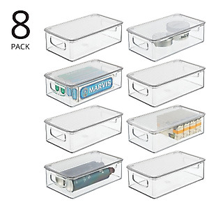 mDesign Plastic Storage Bin Box Container, Lid, Built-In Handles, Organization for Makeup, Hair Styling Tools, Accessories in Bathroom Cabinet, Cupboard Shelves, Ligne Collection, 8 Pack, Clear