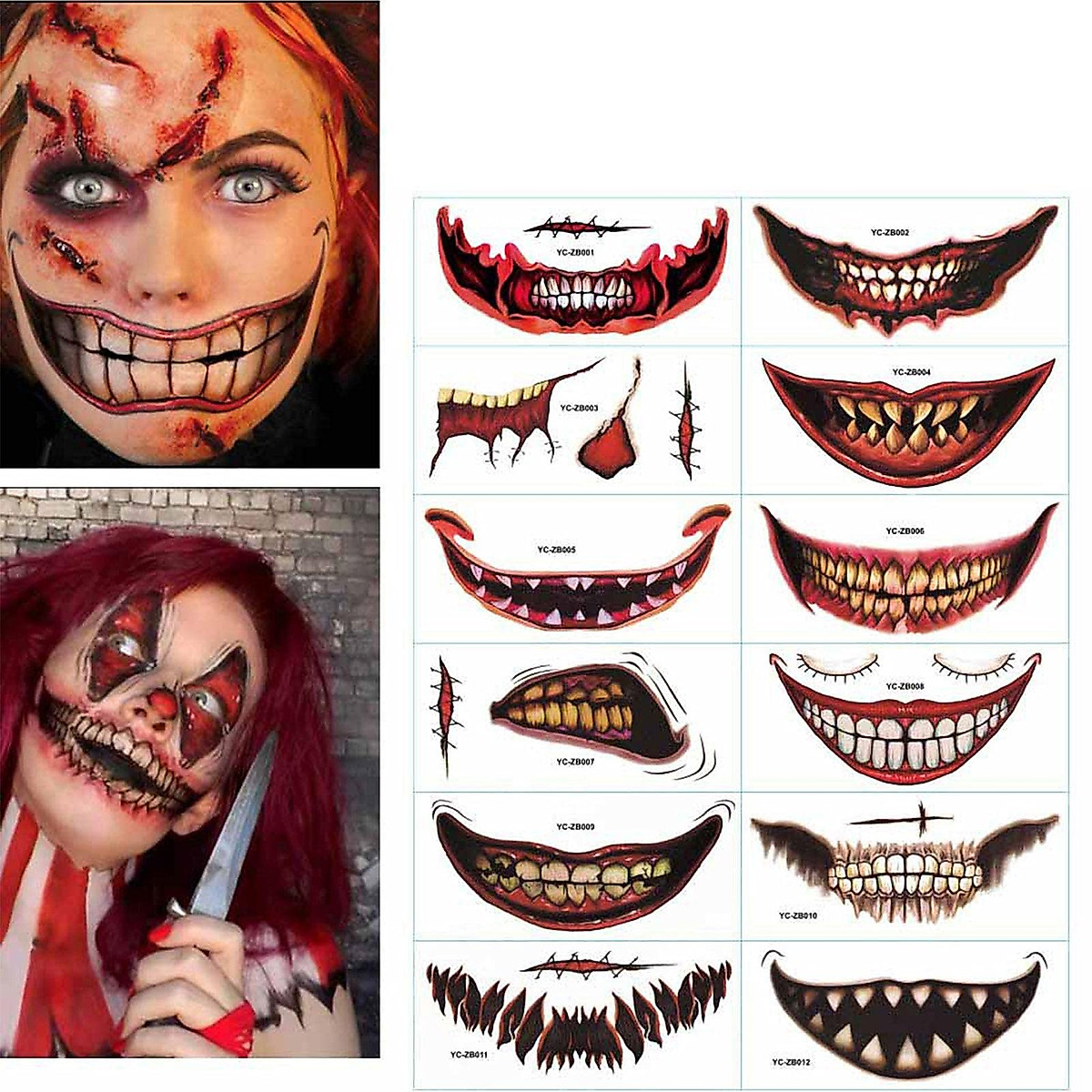 FEBUD 12PCS Halloween Clown Horror Mouth Tattoo Stickers Temporary Tattoos Face Decals Prank Props for Halloween Cosplay Party Decorations