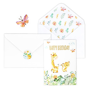 30 Safari Happy Birthday Cards Bulk | Kids Birthday Card | Assorted Birthday Cards With Envelopes | Greeting Cards Assortment Box | Small & Cute Zoo Birthday Cards For Kids w/ Matching Stickers