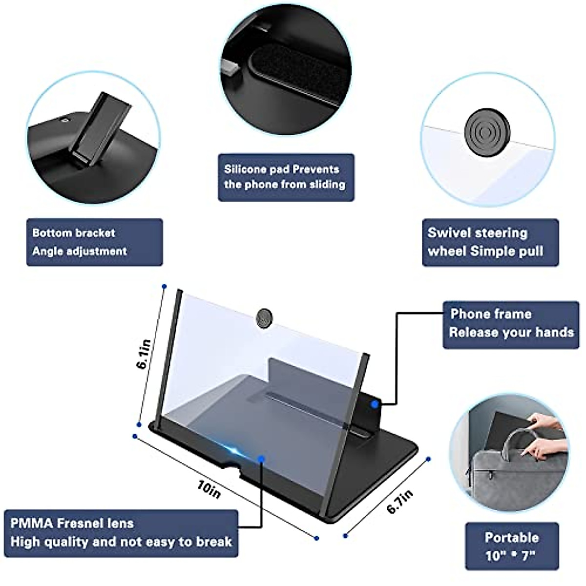 12 in Screen Magnifier for Smartphone 3D HD Mobile Phone Screen Magnifier Video Expandable HD Screen Foldable for Watching Movies Videos, Playing Games, for All Smartphones (Black)