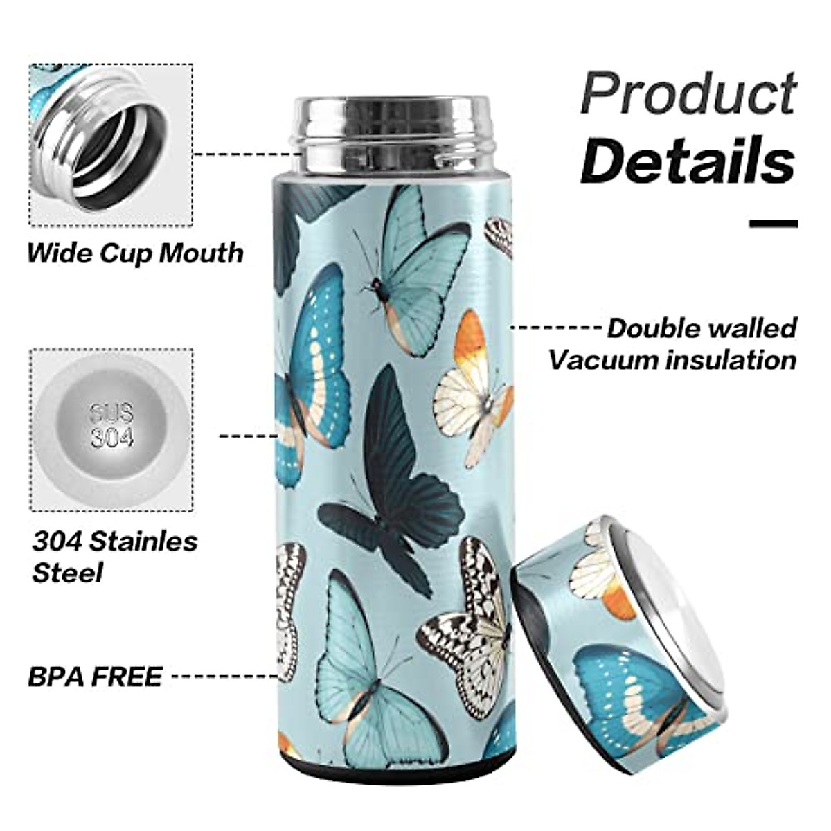 CaTaKu Small Water Bottle 12 oz, Colorful Butterfly Insulated Water Bottle for Water Coffee Tea Stainless Steel Flask Thermos Bottle Reusable Wide Mouth Vacuum Travel Mug