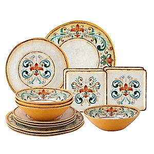 UPware 16-Piece Melamine Dinnerware Set, Includes Dinner Plates, Salad Plates, Dessert Plates, Bowls, Service for 4. (Tuscany)