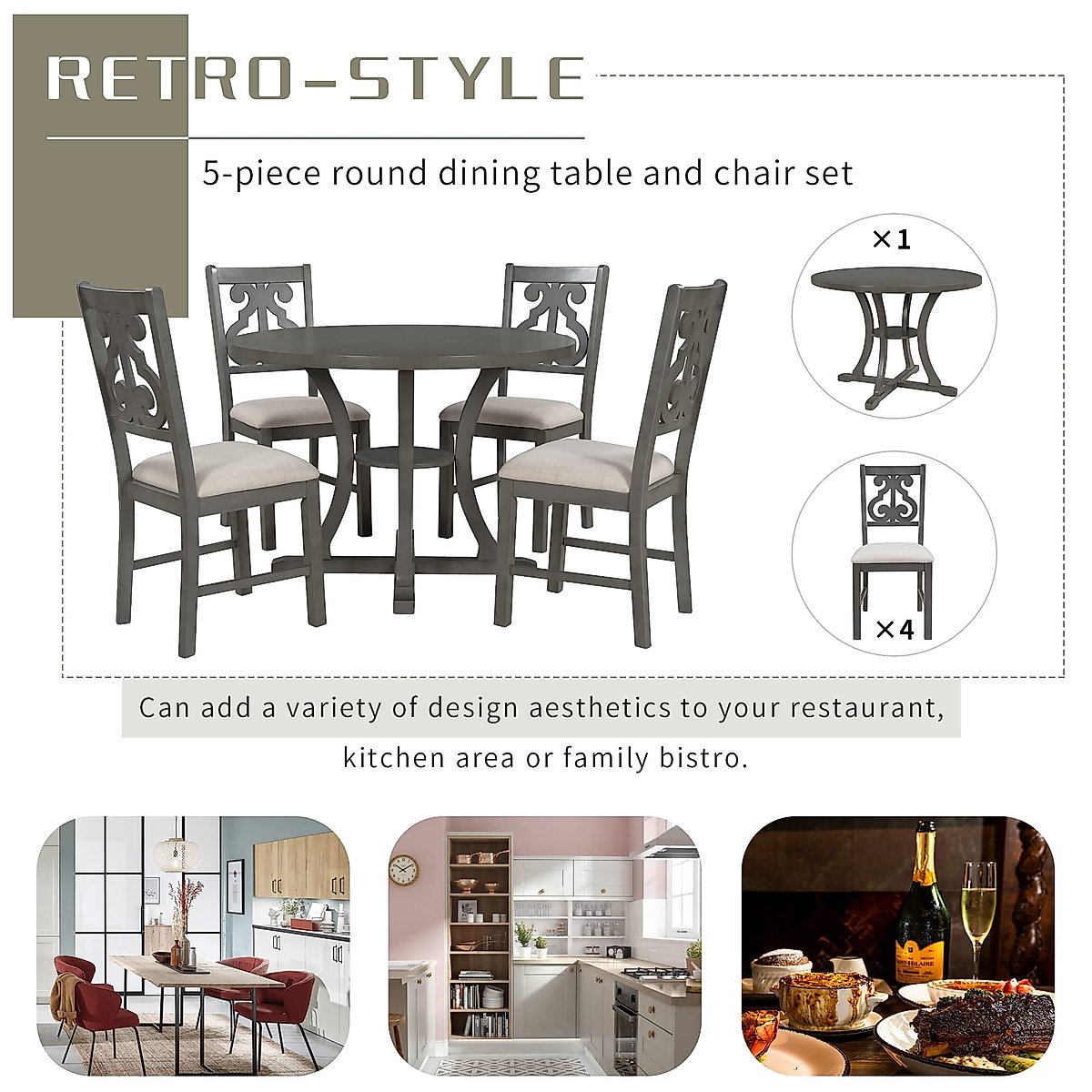 Bellemave 5 Piece Round Dining Table Set for 4 Round Dining Room Table Set with Storage Shelf Retro Round Table with 4 Chairs for Dining Room Dinette Breakfast Nook, Gray