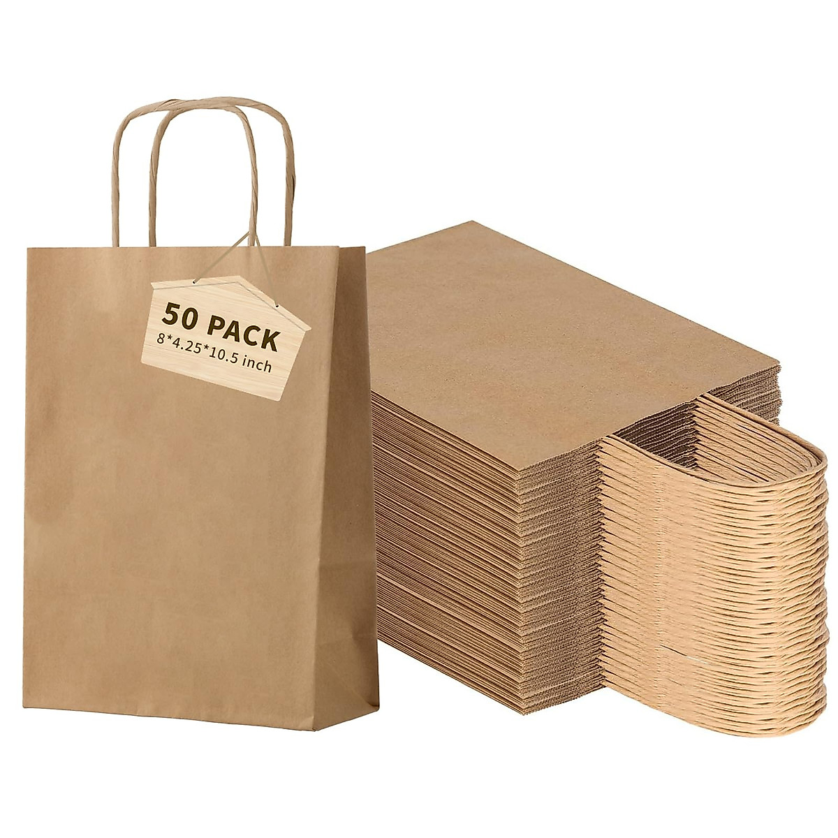 FACEBAG 50-Pack Brown Paper Bags with Handles Bulk, 8x4.25x10.5 Inches,Medium-sized Gift Bags with Handles for Party Favors，Take-Out，Grocery Shopping & Retail，Reusable & Durable