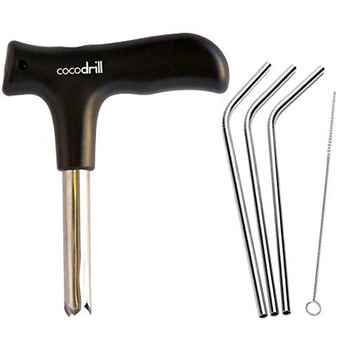 CocoDrill Coconut Opener Tool + 3 Reusable Straws -COMBO PACK - Stainless Steel Drinking Straw + Cleaner - Eco Friendly, SAFE, NON-TOXIC