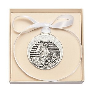 Pewter Baby in Manger Crib Medal with White Ribbon - Boxed