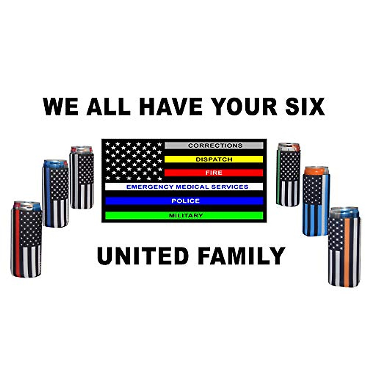 QualityPerfection Slim Can Cooler Sleeves (12 Pack) Black Flag with Thin Red Line Beer/Energy Drink Blank Skinny 12 oz 4mm Neoprene Holder (Firefighter)