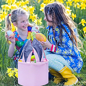 Easter Bunny Basket Seersucker Egg Bags for Kids,Personalized Candy Egg Basket Rabbit Print Buckets with Fluffy Tail Gifts Bags for Easter（Seersucker Pink）……