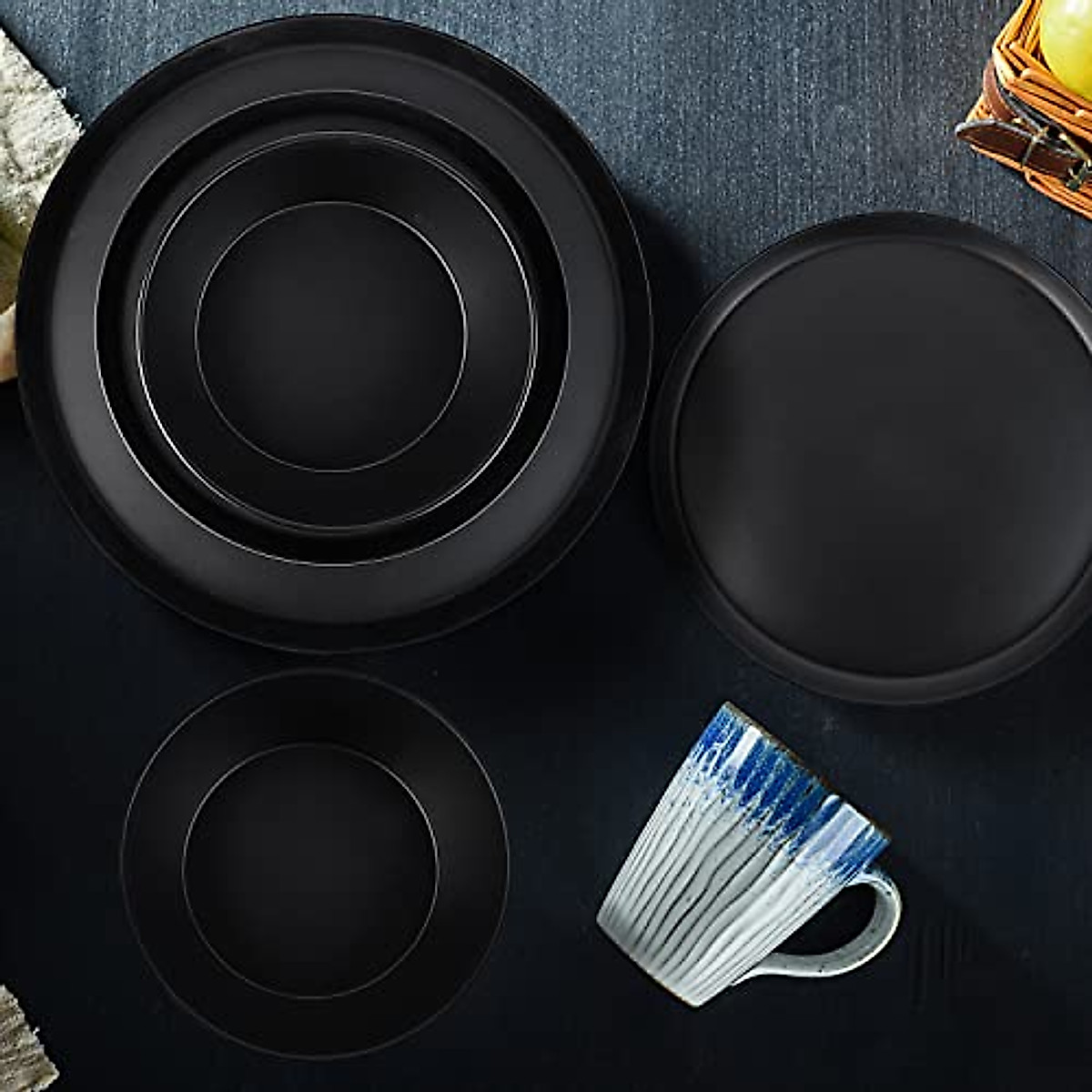 afcevnlb 12-Piece Plastic Dinnerware Set Plates and Bowls Sets Service for 4 Matte Black Melamine Plates Unbreakable Plastic Outdoor Camping Dishes Decor Dishwasher Safe