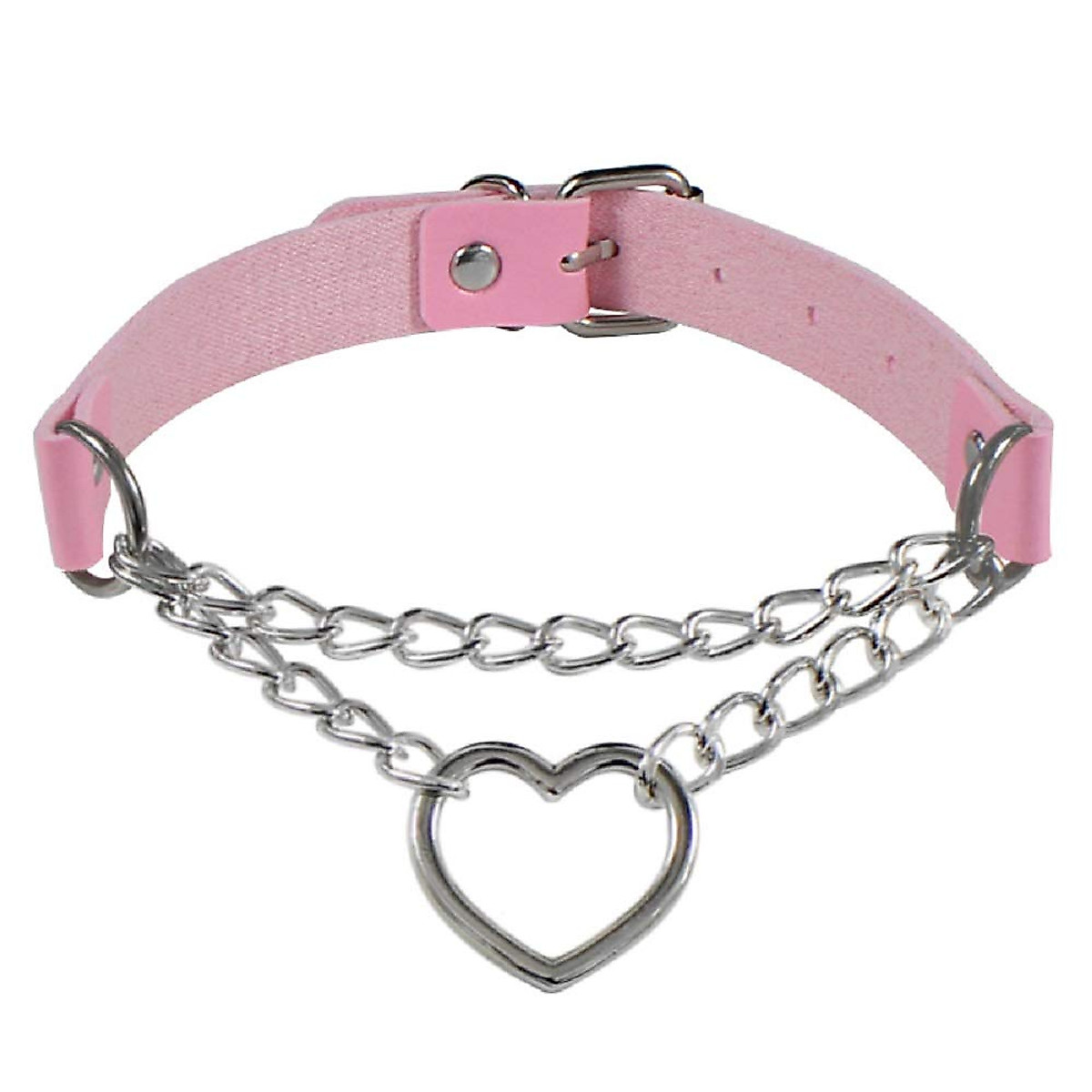 Gothic 7 Pcs Heart Round Circle Chain Detachable Pendant Leather Adjustable Choker Collar Cosplay Punk Necklace Set Halloween Costume Jewelry for Women Teens-pink