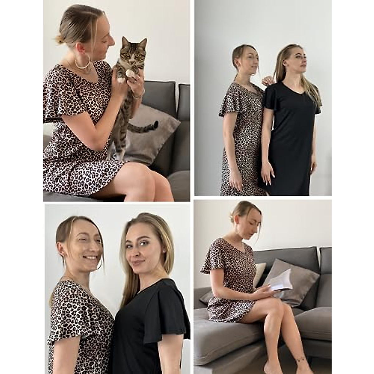 Ekouaer 2 Pack Nightgowns for Women Loose Night Shirt Comfy Sleepwear Ladies Soft Loungewear Black and Leopard XL