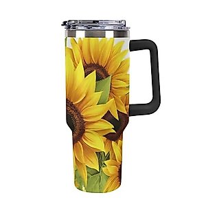 Sunflower 40 Oz Water Bottle, Stainless Steel Tumbler with Handle And Straw, Extra Large Insulated Tumbler, Flip Straw Tumblers for Sports, Work, Car, Travel And Weekends