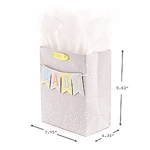 Hallmark 9" Medium Baby Gift Bag with Tissue Paper - Baby Banner in Grey, Pink and Blue for Baby Showers, New Parents, and More