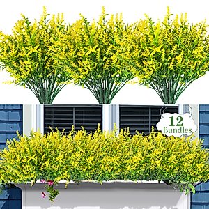 AITISOR 12 Bundles Artificial Lavender Flowers Outdoor Fake Flowers for Decoration UV Resistant No Fade Faux Plastic Plants Garden Porch Window Box Décor (Yellow)