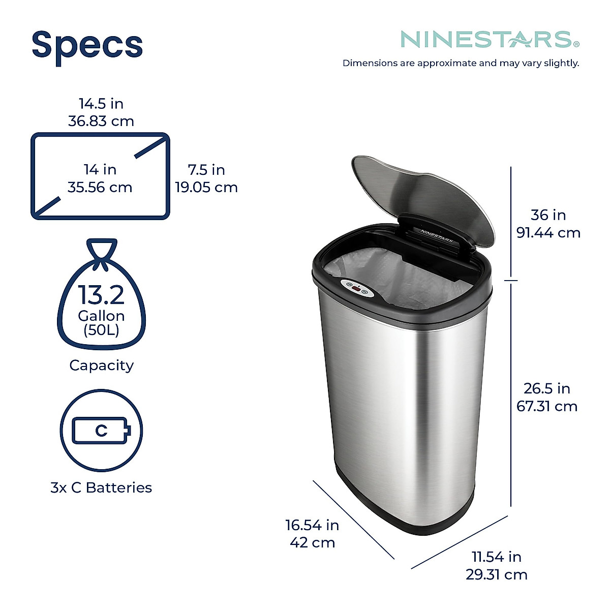 Ninestars DZT-50-13 Automatic Touchless Motion Sensor Oval Trash Can with Black Top, 13 gallon/50 L, Stainless Steel