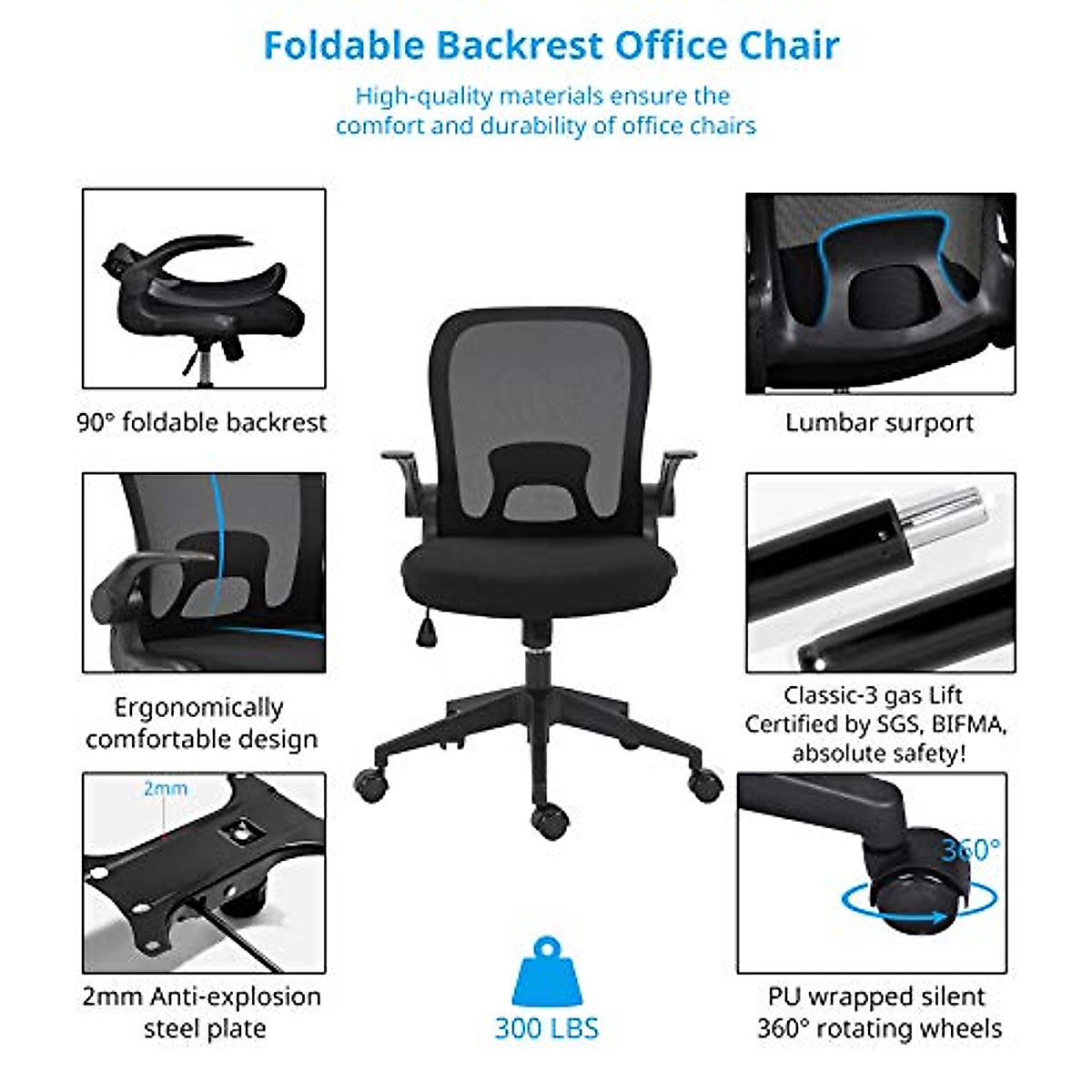 URRED Ergonomic Office Chair Mesh with Foldable Backrest, Mesh Home Office Computer Task Desk Chairs with Adjustable Arms and 360 Degree Universal Wheels (Black)
