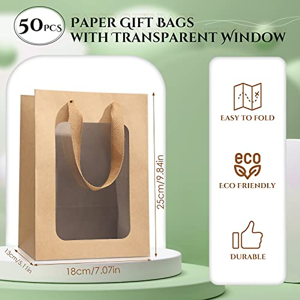 50 Pcs Paper Gift Bags with Transparent Window Kraft Shopping Bags with Handles 9.8 x 7.1 x 5.1 in Clear Gift Bags Small Transparent Window Bag for Valentine's Day Present Festival Party (Brown)