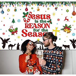 JKQ Jesus is The Reason for The Season Backdrop Banner 73 x 43 Inch Large Christmas Holiday Nativity Scenes Birth of Jesus Background Banner Religious Christmas Holy Nativity Party Decorations