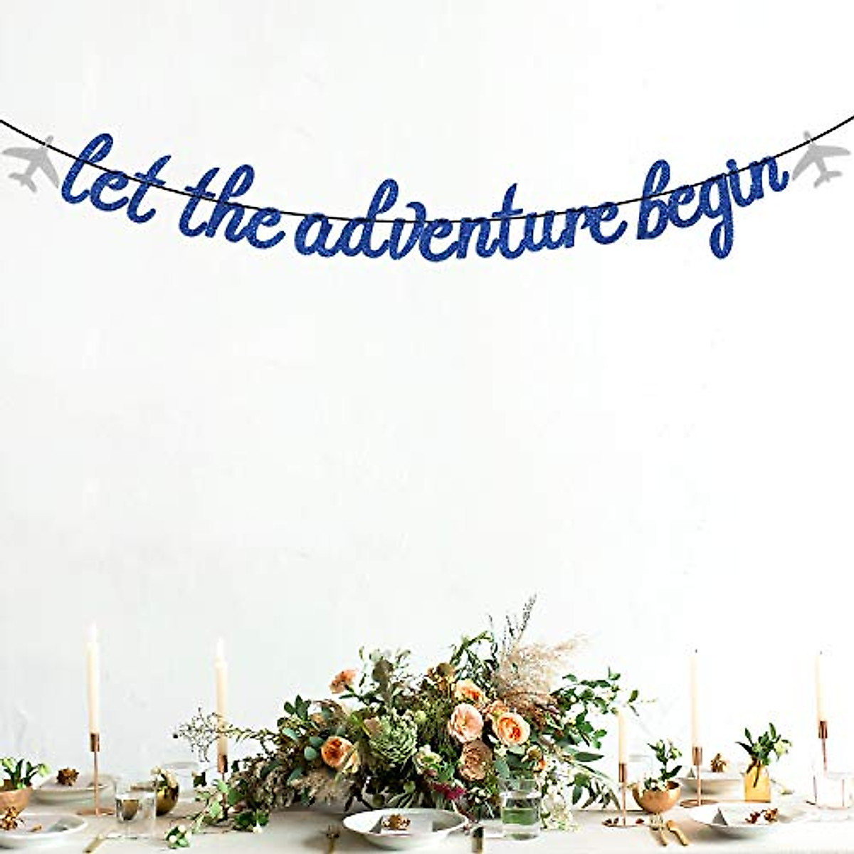 Blue Glitter Let The Adventure Begin Banner - Congrats Grad Bunting Sign - Graduation/Retirement/Bon Voyage/Baby Shower/Moving Party/Travel Theme Party Decorations