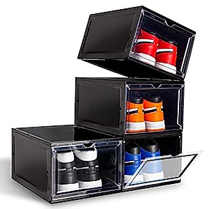 HIYOHIYO 4 Pack Drop Front Shoe Box, Shoe Boxes Stackable Sneaker Containers Magnetic Box Drop Front Shoe Organizer Shoes Cases Display Bins for Living Room Fit up to Size 12 (13.4x 9.8x 7.1) (Black)