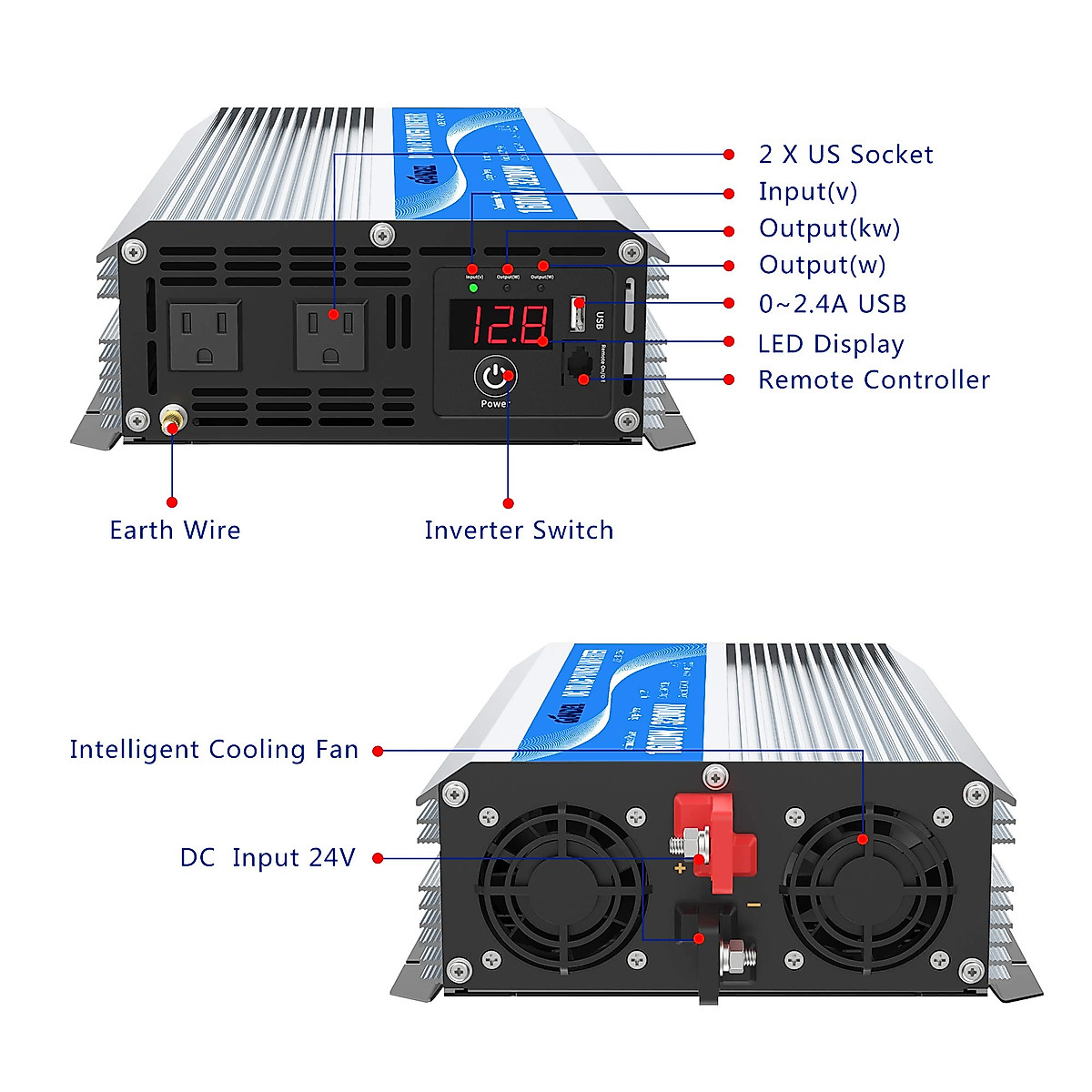 1600Watt Power Inverter Modified Wave DC 12volt to AC 120volt with Remote Control & LED Display and 2.4A USB Port for Trucks Boats RV & Emergency
