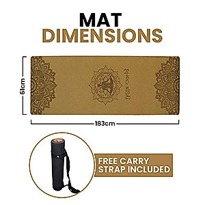 Yoga World Cork Mandala Yoga Mat - Non-Slip Surface & Anti-Skid TPE Underside - Strong Grip on Wet & Dry Surfaces - Soft Floor Cushion for Exercises - 183 x 61 x 0.4cm (Black)