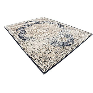 Unique Loom Chateau Collection Vintage, Distressed, Medallion, Rustic, Traditional Area Rug, 8' 0" x 10' 0", Beige/Navy Blue