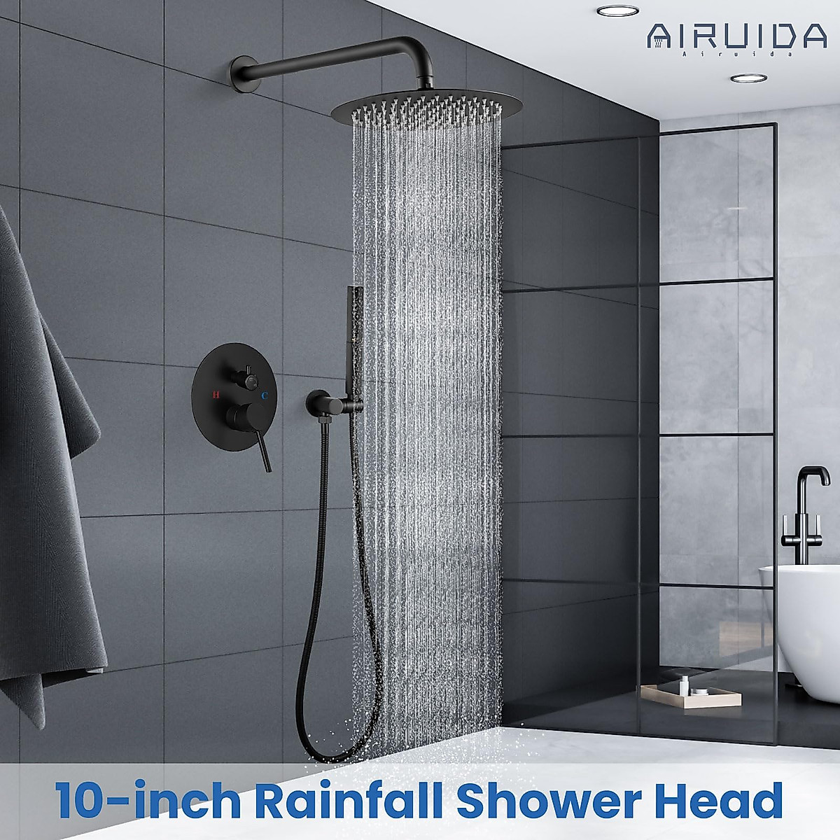 Airuida Shower Fixtures Matte Black 2 Functions 10 Inches Round Rainfall Shower Head and High Pressure Brass Shower Handheld Mixer Bathroom Wall Mount Shower System with Rough-in Valve
