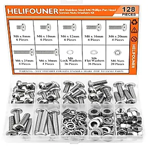 HELIFOUNER 128 Pieces M6 x 8mm /10mm /12mm /16mm /20mm /25mm /30mm, Phillips Pan Head Machine Screws, Metric Screws Bolts Washers Nuts Kit, 304 Stainless Steel