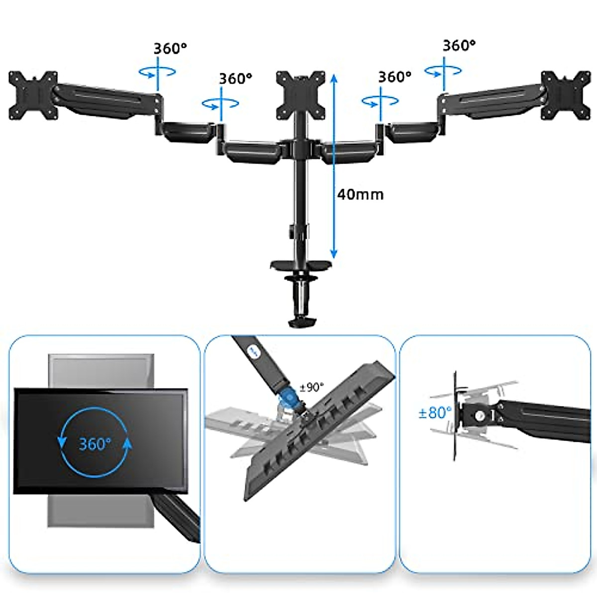 suptek Triple Monitor Stand - 3 Monitor Mount with Gas Spring Monitor Arm Fit Three 17 to 32 inch Flat/Curved LCD Computer Screens with Clamp, Black MD8003