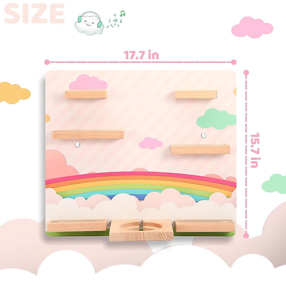 OUKNAK Floating Shelf for Toniebox, Wall Mount Magnetic Wooden Shelf with Carrying Case Compatible with Tonie Audio Player Figures Character for Children Baby's Room (Rainbow)