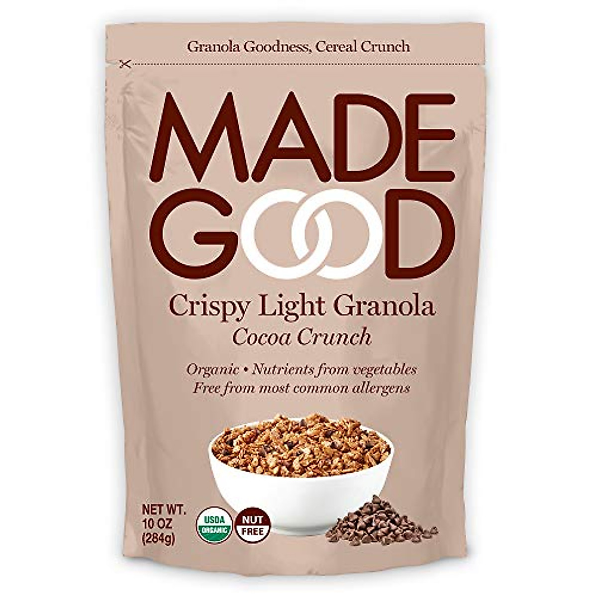 Made Good Crispy Light Granola NutFree Gluten Free, Allergy Friendly, USDA Certified Organic Ingredients, Vegan, NonGMO Nutrients from a Full Serving of Vegetables, Cocoa Crunch, 10 Ounce (Pack of 1)