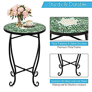 GRAFFY Outdoor Mosaic Side Table, 14 Inch Patio End Table, Round Printed Glass Table with Steel Frame for Garden/Yard/Lawn/Balcony and Home Decor Small End Table (Green)