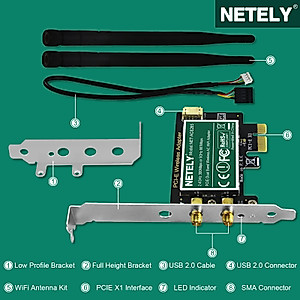NETELY Dual Band Wireless-AC 1200Mbps PCIE WiFi Adapter with Bluetooth 4.2 for Windows 7, 8.x, 10, 11 64bit System Desktop PCs, 2.4GHz 300Mbps and 5GHz 867Mbps PCIE WiFi Card (NET-AC8265)