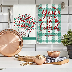 AnyDesign Valentine's Day Kitchen Towel Romantic Heart Love Truck Dish Towel 18 x 28 Inch Blue White Buffalo Plaids Hand Drying Towel Tea Towel for Wedding Anniversary Cooking Baking, Set of 4