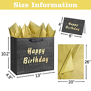 13" Large Black and Gold Happy Birthday Gift Bag with Tissue Paper and Card for Men Women Birthday