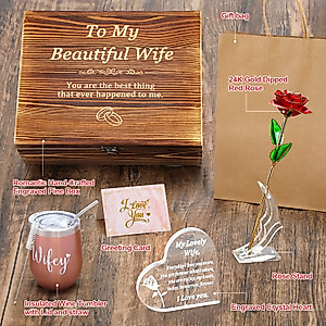 Anniversary Gi fts for Her| Wife, Wife Gift Set with Crystal Engraved Heart, 24K Gold Dipped Rose, Wine Tumbler, Wife Gifts for Anniversary & Birthday