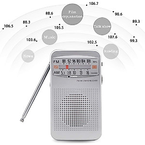 FUHONGYUAN AM FM Portable Pocket Radio, Compact Transistor Radios - Best Reception, Loud Speaker, Earphone Jack, Long Lasting, 2 AA Battery Operated (Silver)