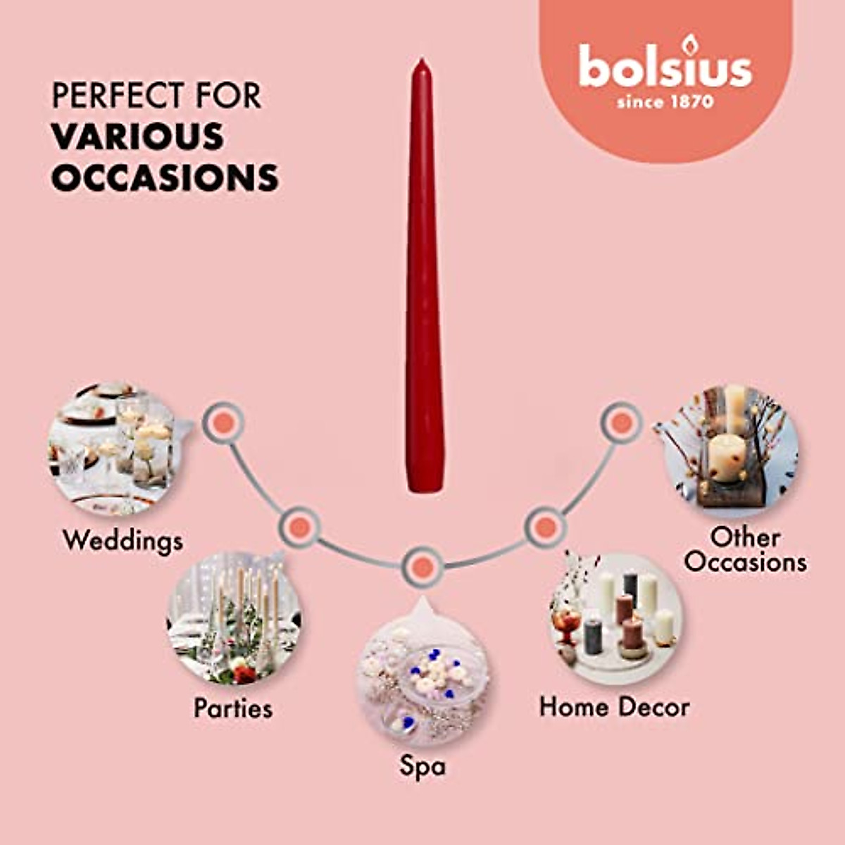 BOLSIUS Dark Red Taper Candles - 10 Inch - 8 Hours Burn Time - 10 Pack Dinner Candle Set - Premium European Quality - Consistent Smokeless Flame - Unscented Dripless Household Candlesticks