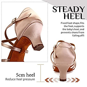 JUODVMP Women's Ballroom Latin Salsa Shoes Satin 5-Straps Braided with Suede Sole Heels,8 US