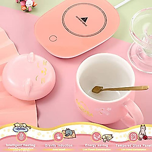 Coffee Cup Warmer Coffee Warmer with Mug for Women Electric Coffee Mug Heater Temperature Control Ceramic Cute Cat Smart Coffee Warmer for Office Desk Home Christmas Birthday Gift(Pink)