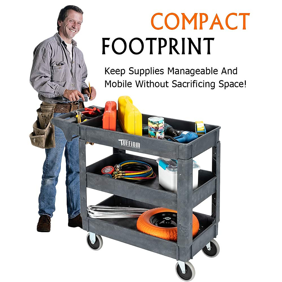 TUFFIOM Plastic Service Utility Cart with Wheels, 550lbs Capacity, Heavy Duty Tub W/Deep Shelves, Multipurpose Rolling 3-Tier Mobile Storage Organizer, for Warehouse Garage Industrial Cart