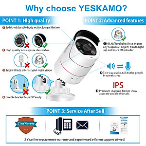 YESKAMO 5MP PoE Security Camera System, 4pcs Wired Outdoor Cameras with 12'' IPS Monitor, 8CH NVR with 2TB HDD for 24-7 Recording, Floodlight 2 Way Audio Spotlight, AI Human Detection